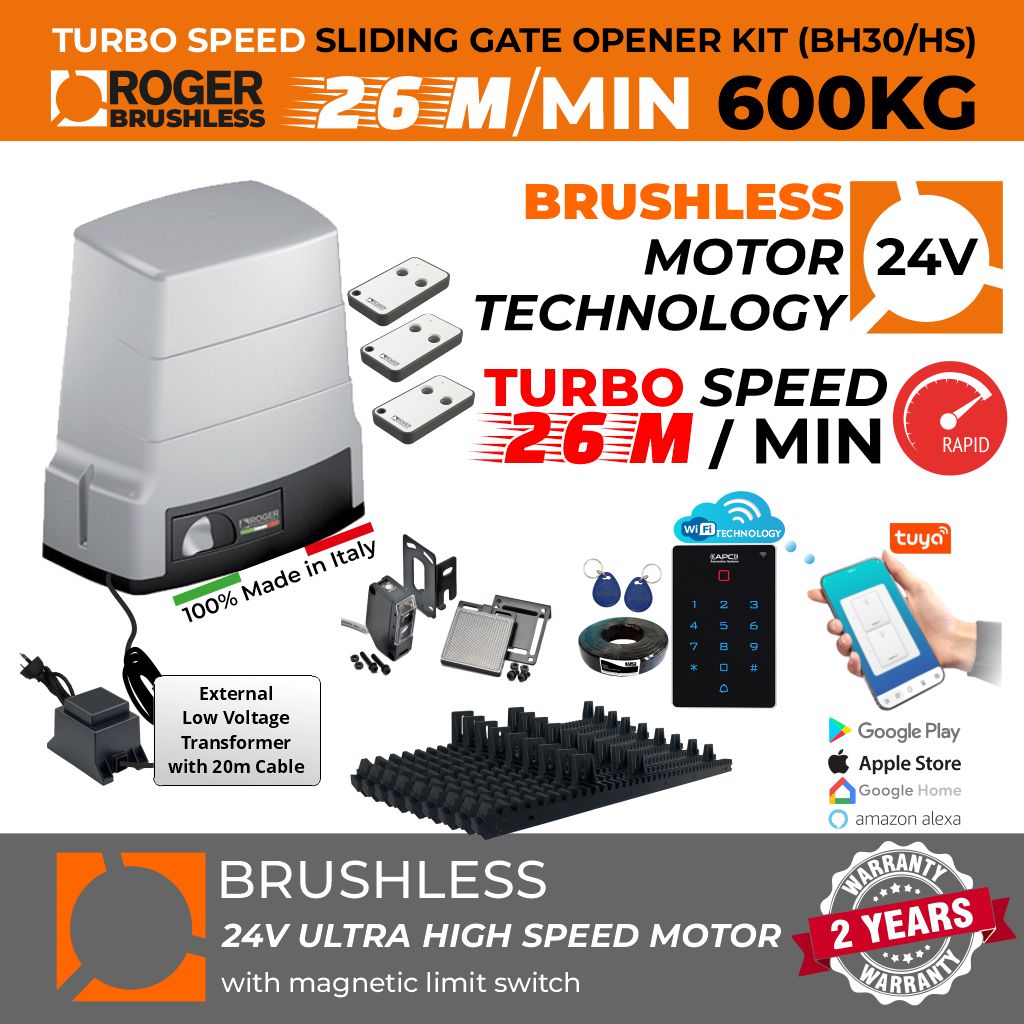 Brushless Sliding Gate Opener 24V Kit|Turbo-Speed 100% Italian Made by Roger Technology Rolling ...